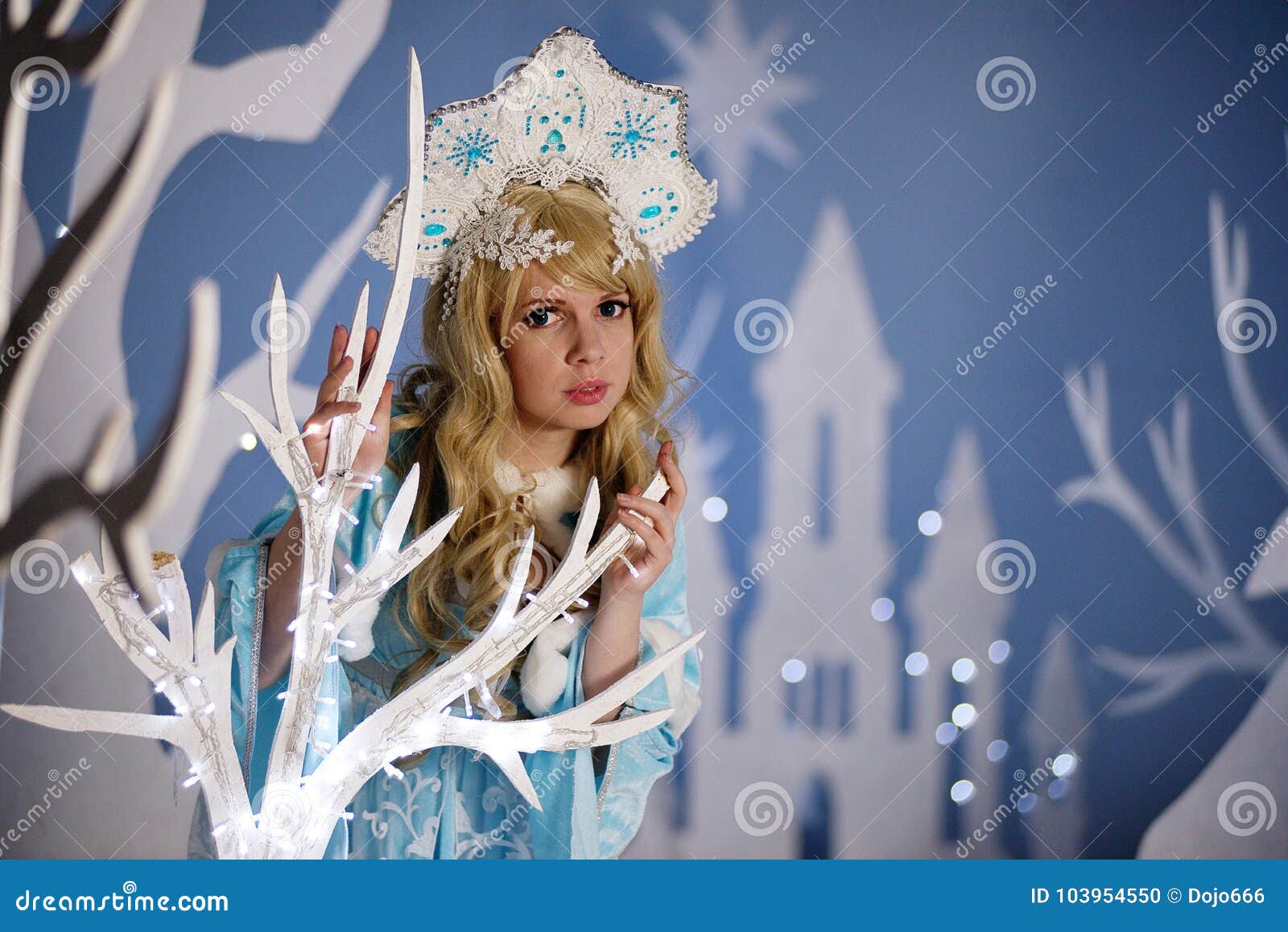 Russian Snow Maiden in Blue Suit and Kokoshnik Stock Photo - Image of ...