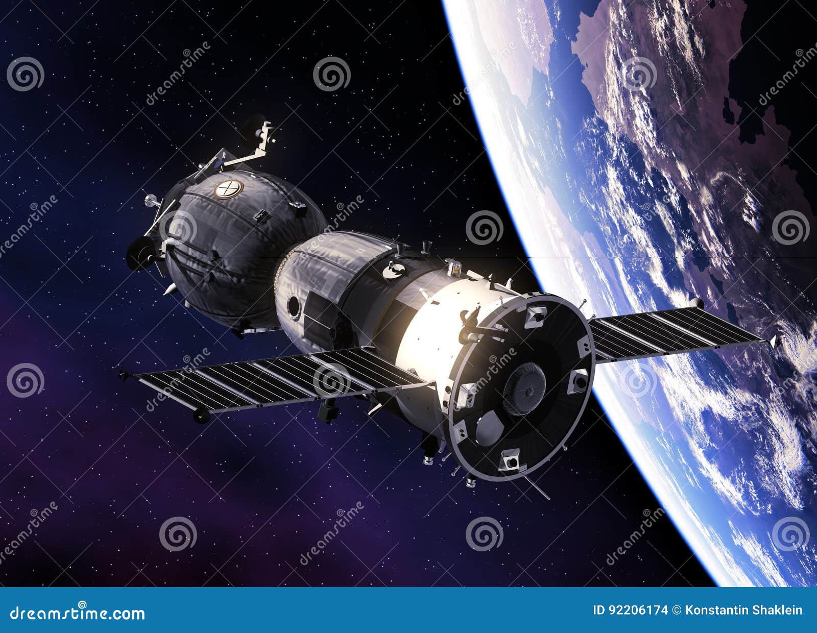 Spacecraft Orbiting Earth With Thrusters Blazing And Blue Planet ...