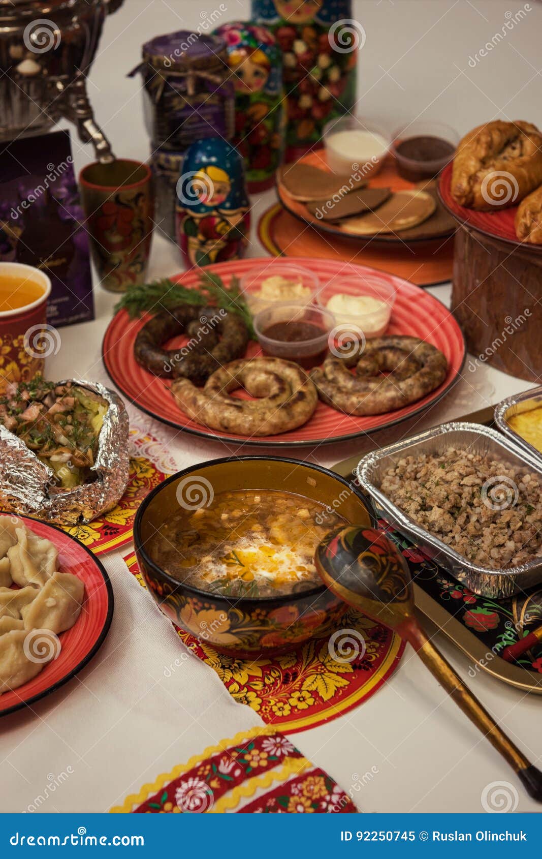 Russian table with food stock image. Image of buckwheat - 92250745