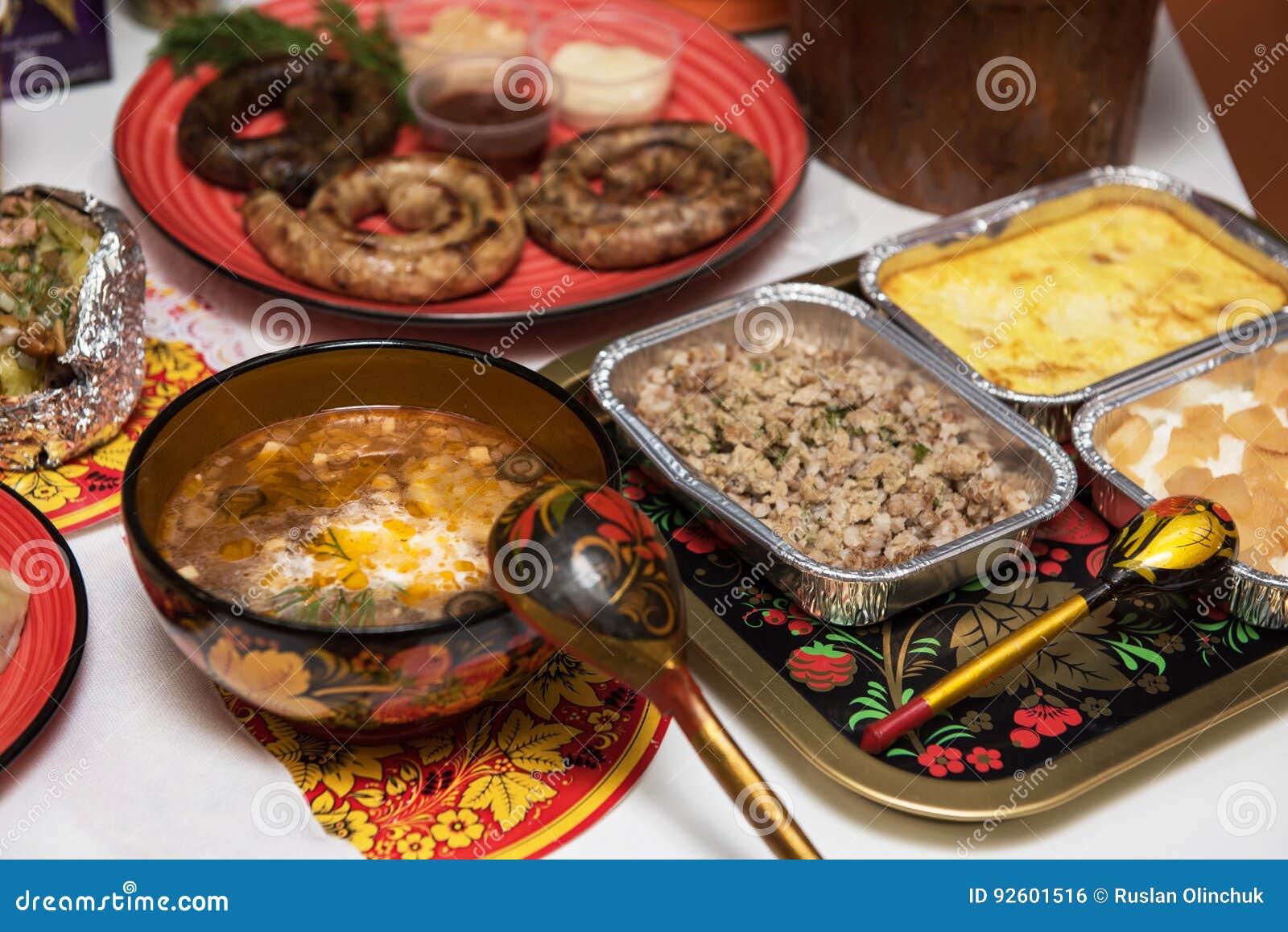 Russian table with food stock photo. Image of buckwheat - 92601516