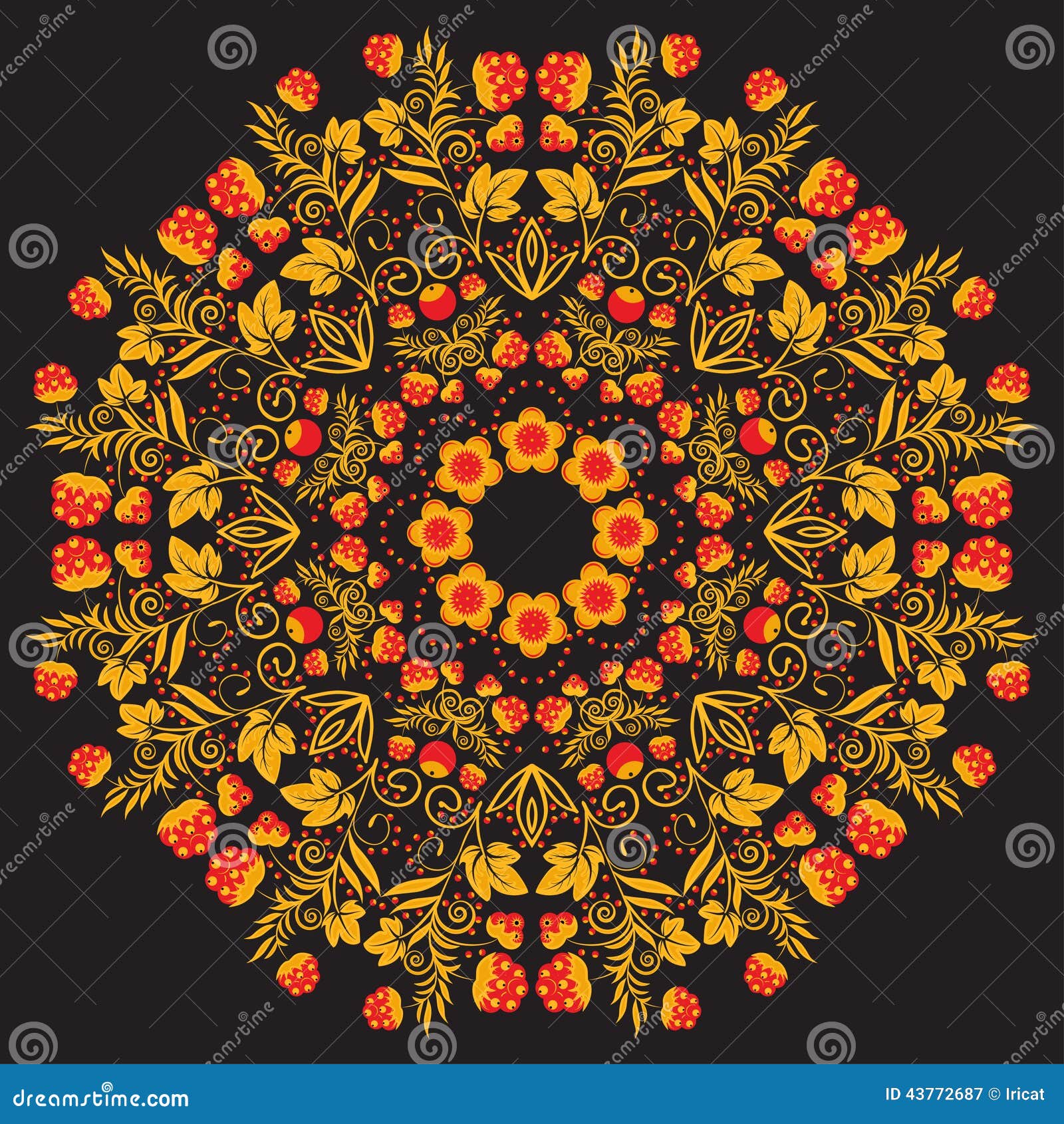Russian Traditional Circular Pattern Mandala. Red with Gold Berries on ...