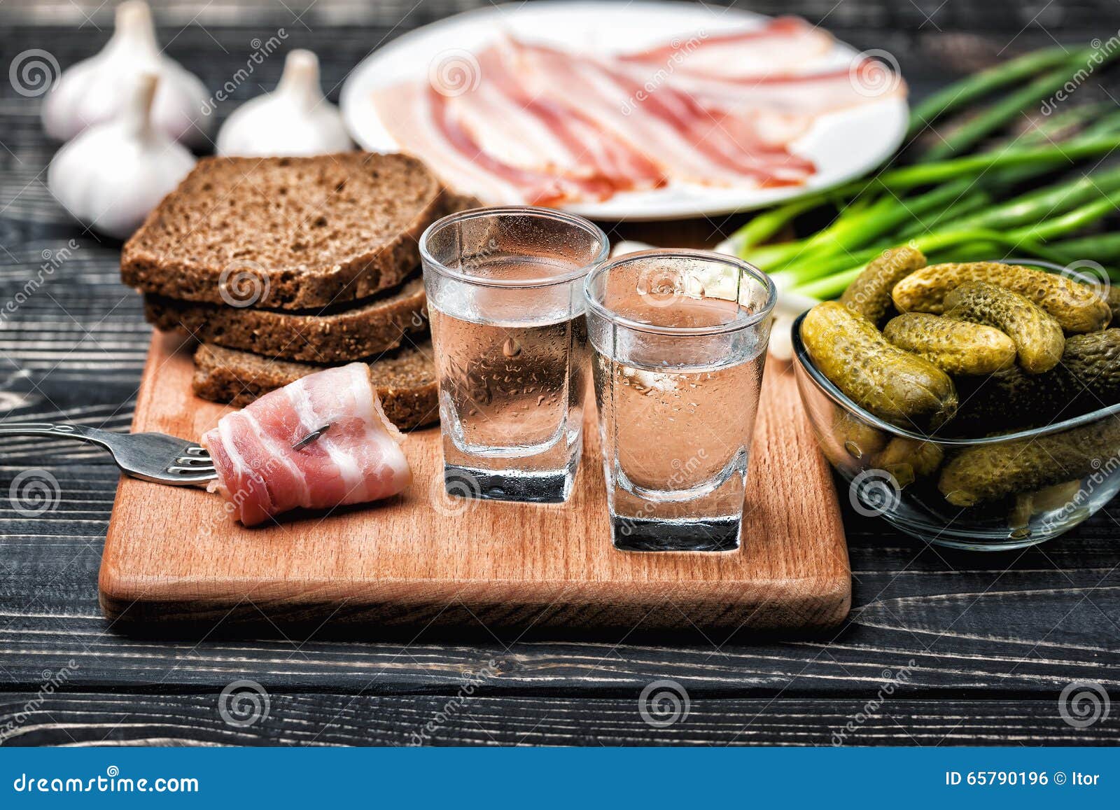 Russian Vodka in Small Glass with Black Bread and Pickles Stock Photo ...