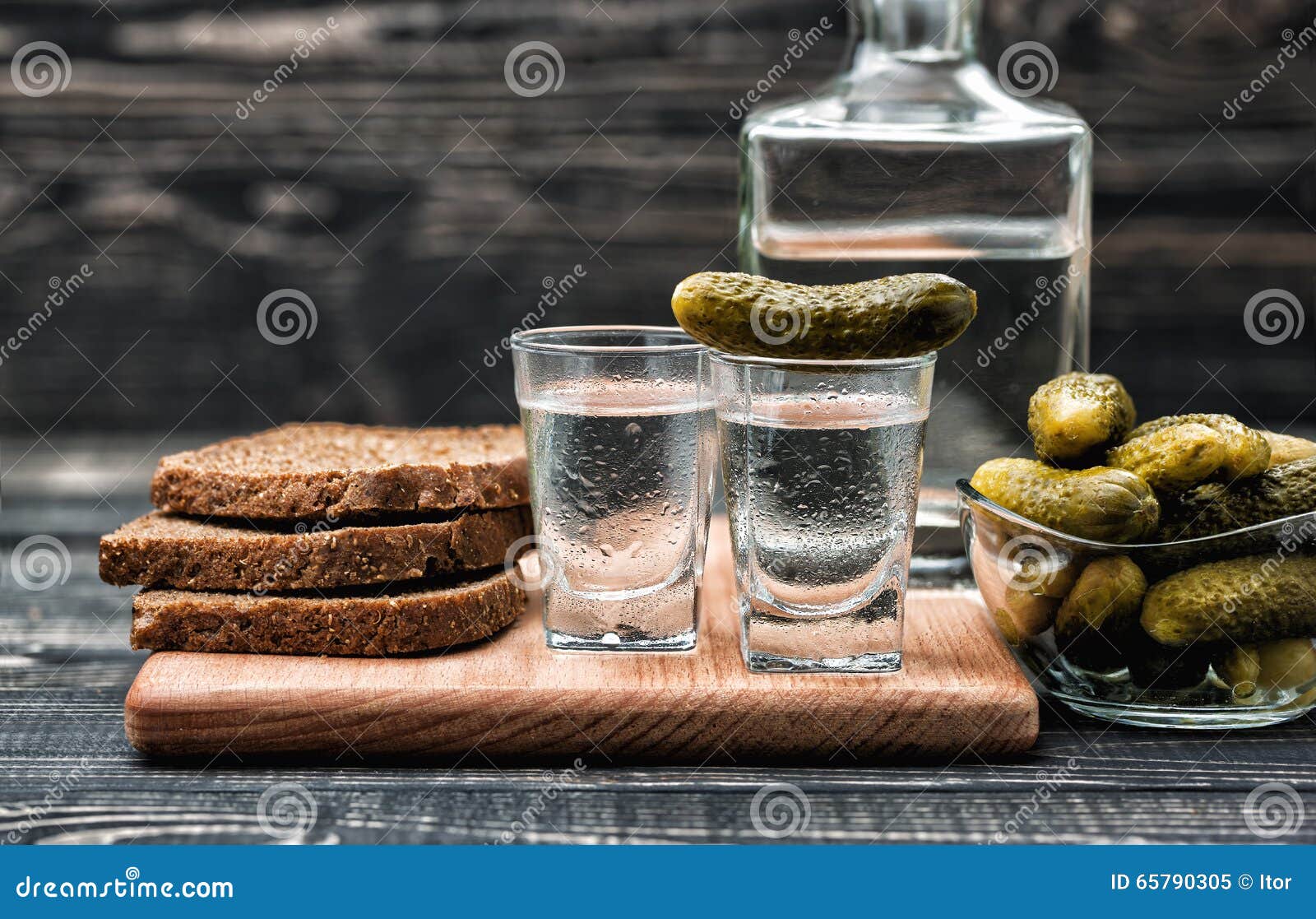 Russian Vodka with Traditional Black Bread and Pickles Stock Image ...