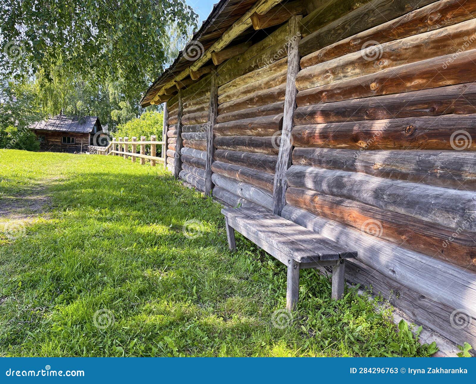 Russian Wooden Hut with Bench in the Yard Stock Image - Image of wooden ...