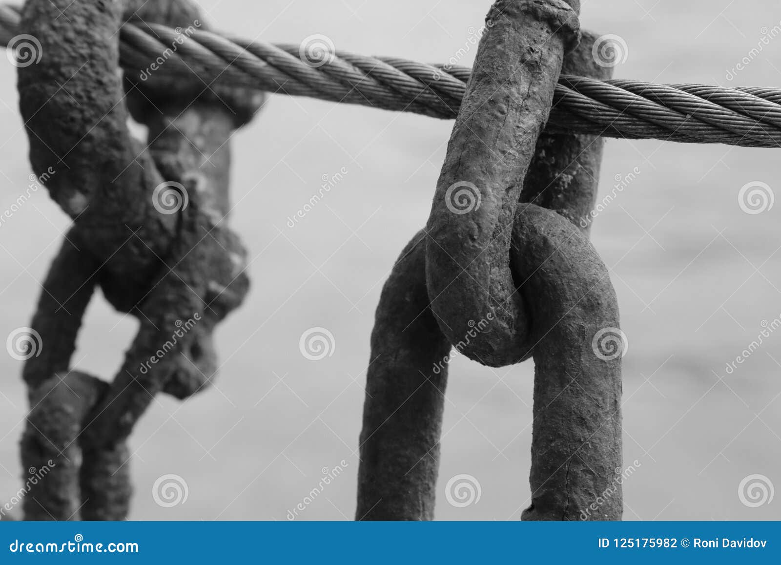 A Rust Chain is Held on a Black and White Metal Cable Stock Photo ...