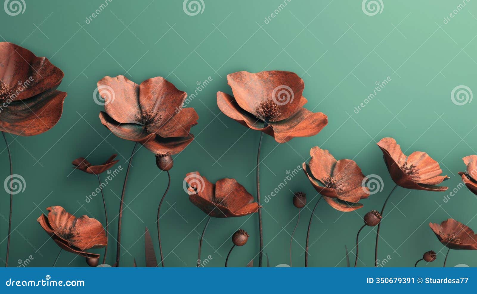Rust-colored Poppies Arranged in Rows on Pastel Green Background Stock ...