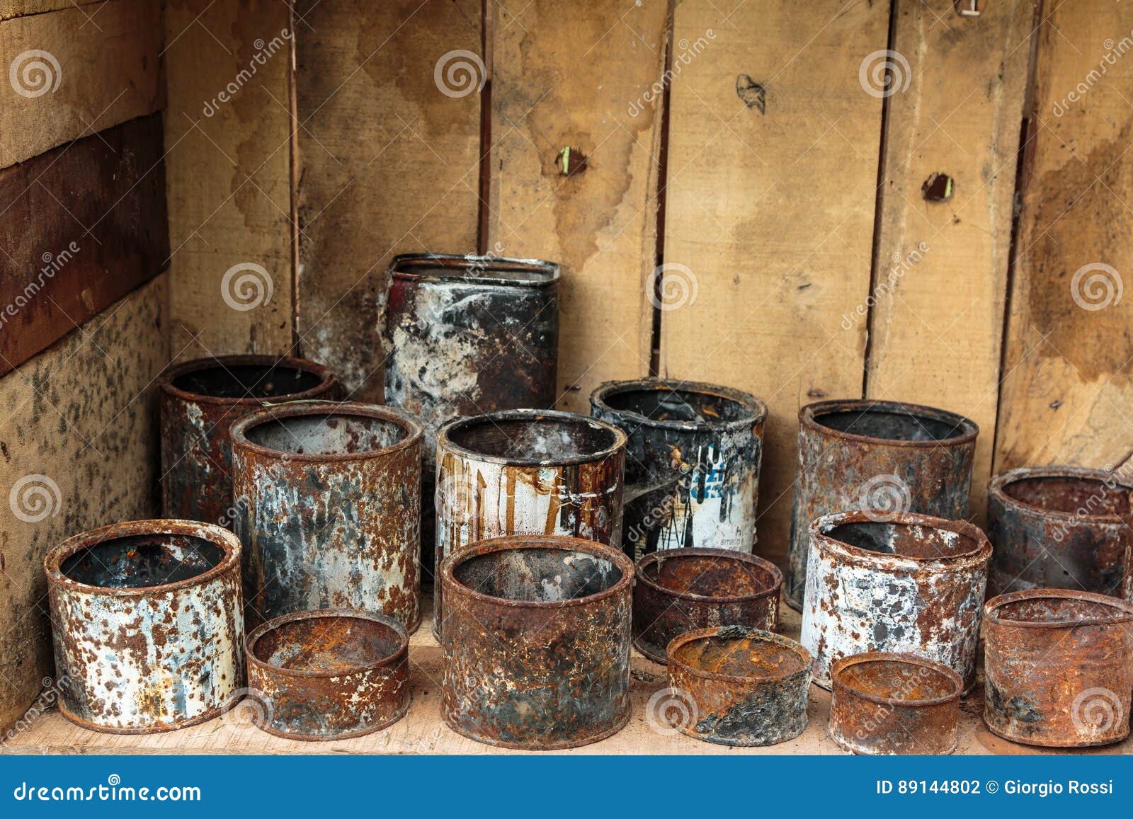 Rusted Aluminum Cans Inside Wooden Container, Industrial Theme Stock ...