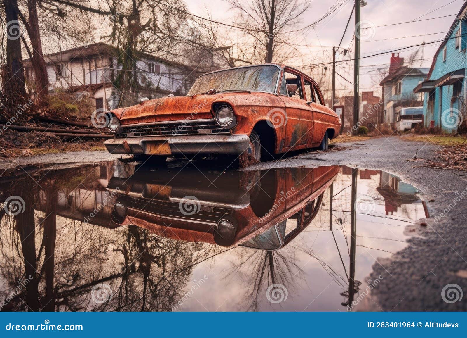 Rusted Car Wreck Reflection in a Still Puddle Stock Illustration ...