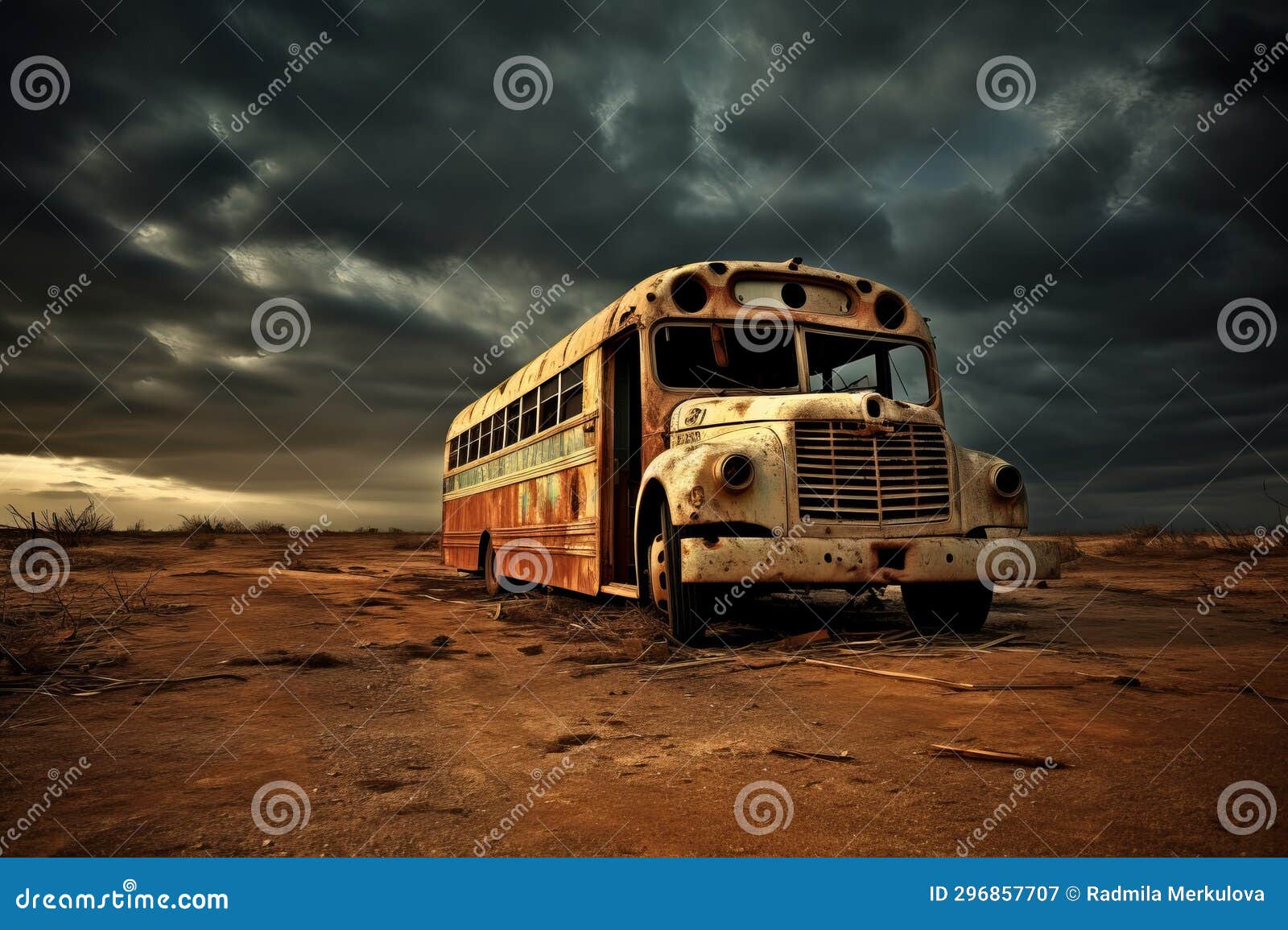 The Rusted Frame of an Old Bus Stands Alone on an Empty Road ...