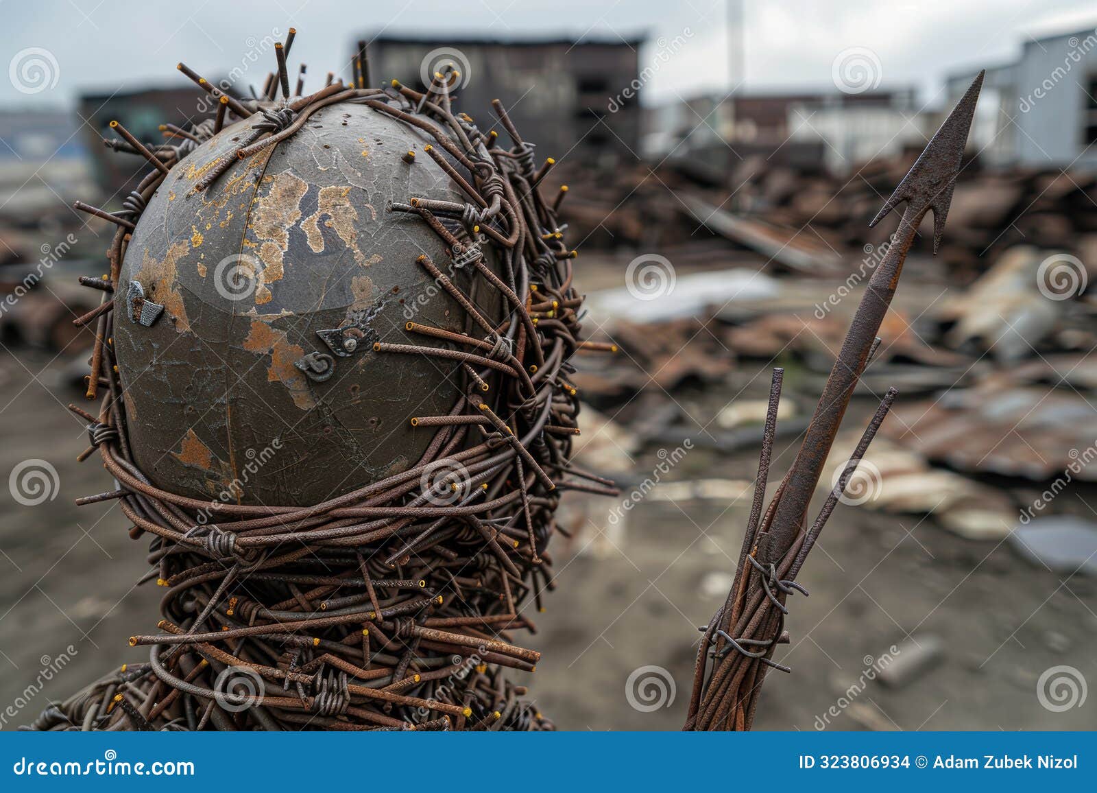 Rusted Globe Wrapped in Barbed Wire on a Construction Site Stock ...