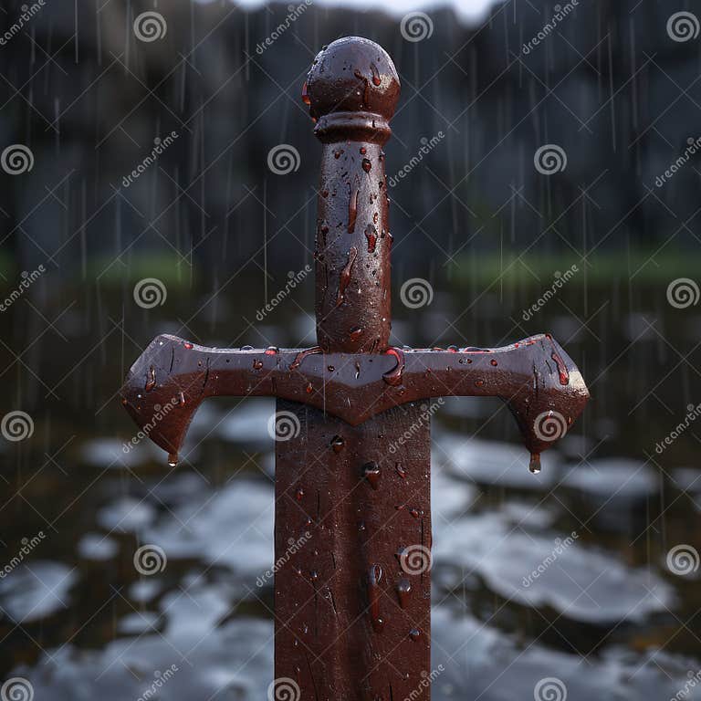 Rusted Medieval Sword in the Rain Stock Illustration - Illustration of ...