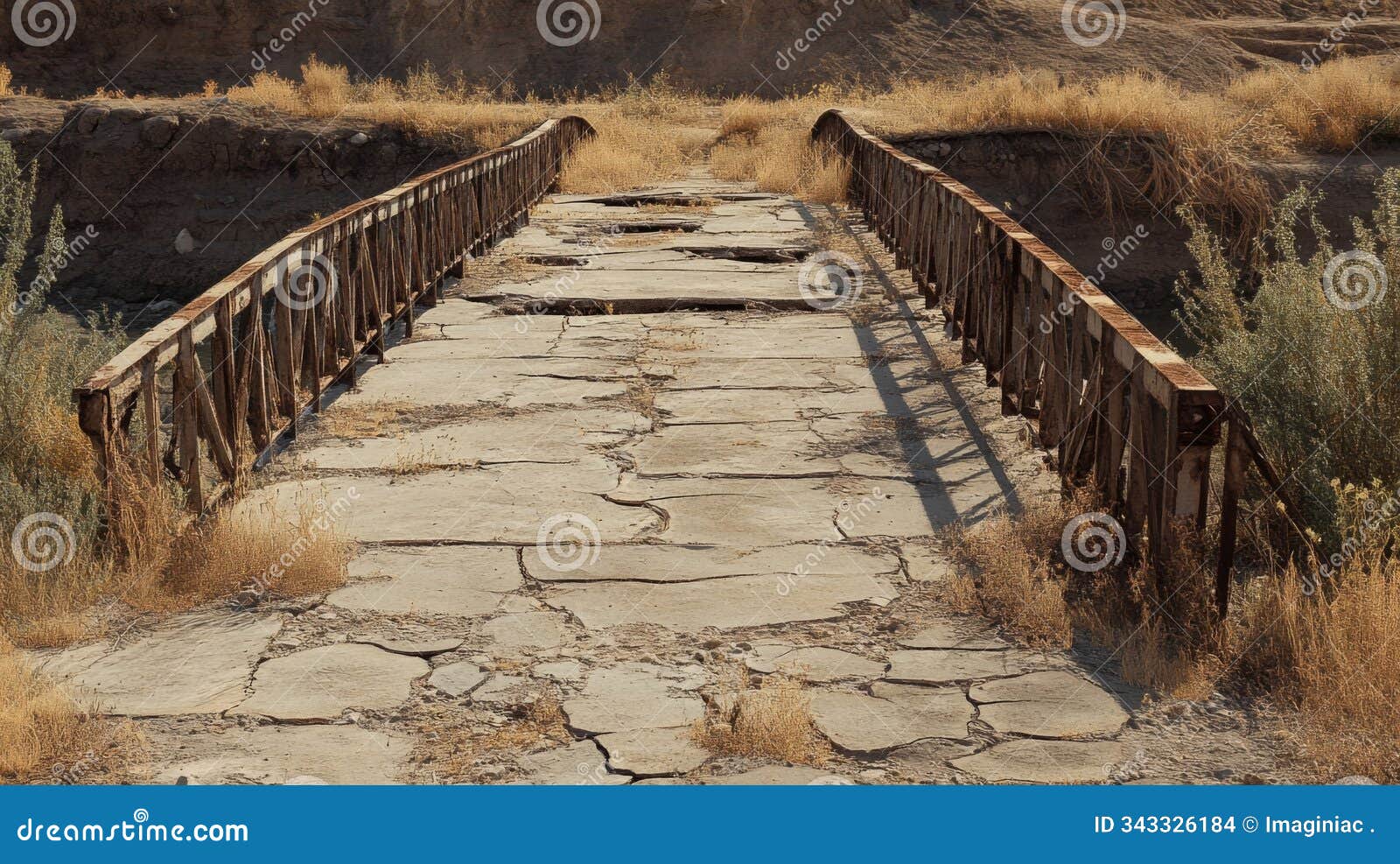 Rusted Metal Bridge Over Cracked Concrete Path in Arid Landscape Stock ...
