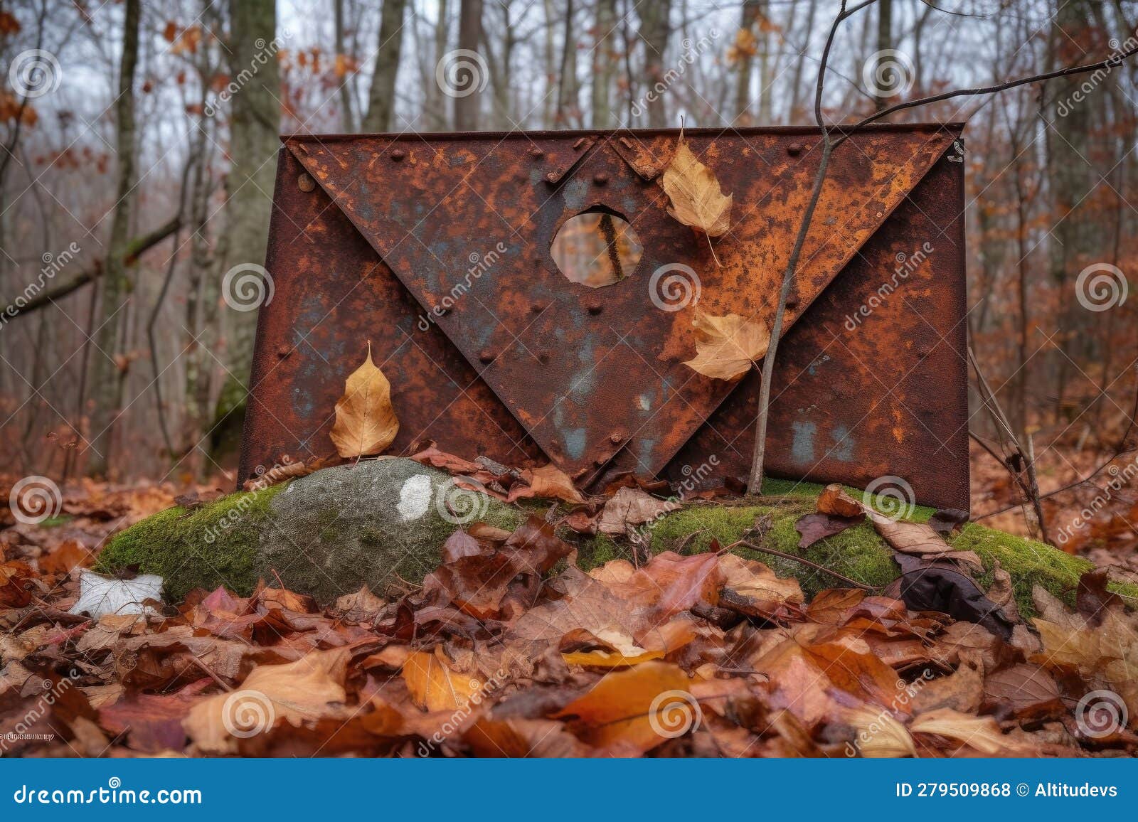 Rusted Metal Sign with Fallen Leaves in the Background Stock Photo ...