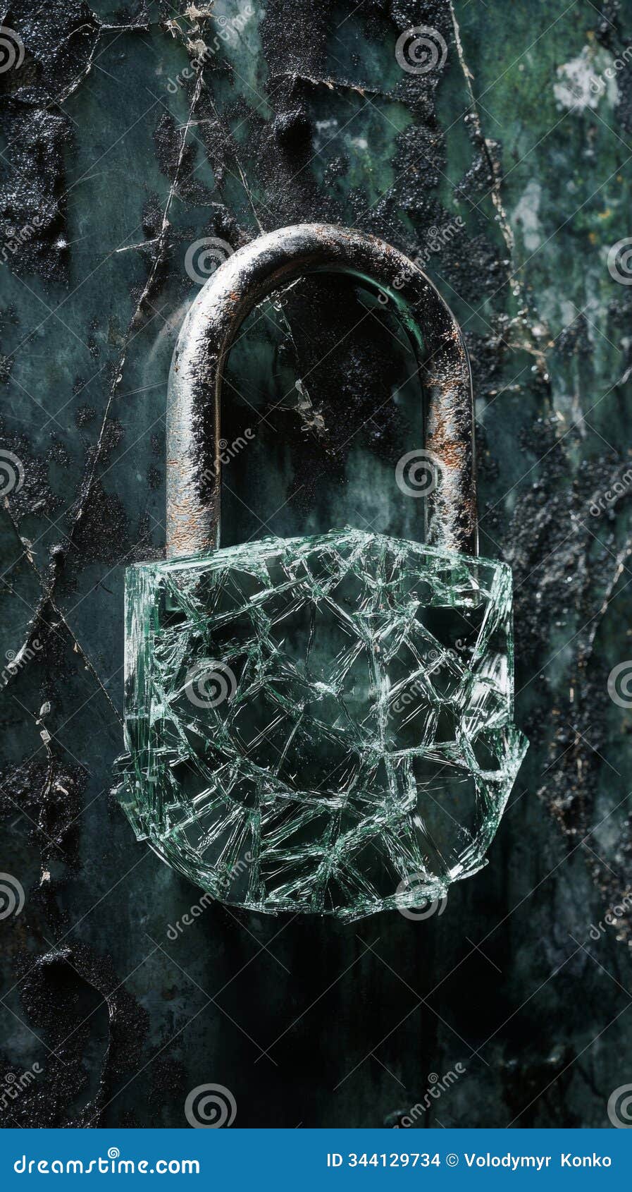 Rusted Padlock with Shattered Glass on Textured Wall, Security Concept ...