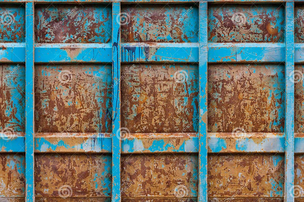 Rusted Reinforced Container Wall with Leftovers of Blue Paint, Flat ...
