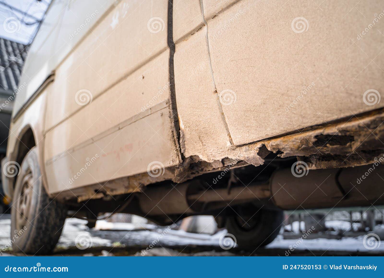 Rusted through the Threshold of a White Car Close-up. Corrosion of the ...