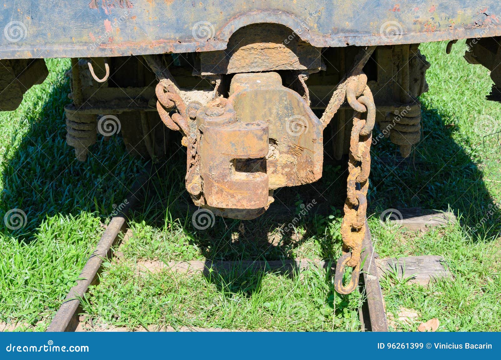 Rusted Train Hitch and Chains Over Rail of a Abandoned Train Stock ...