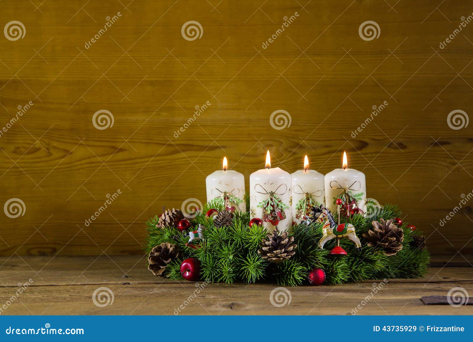 Rustic Advent Wreath or Crown with Four Burning White Candles. Stock ...