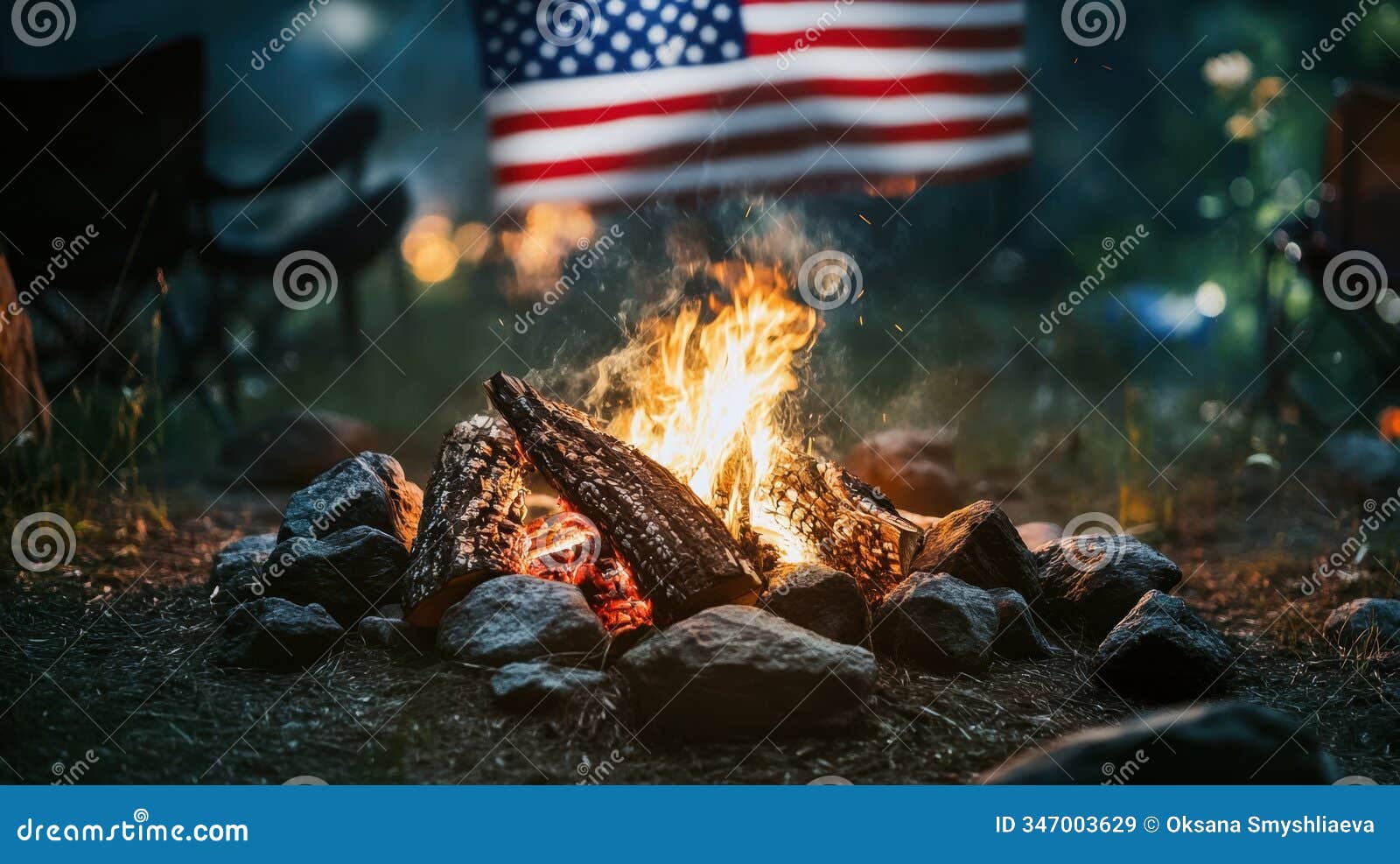 Rustic American Campfire Scene with Flag at Twilight Stock Image ...