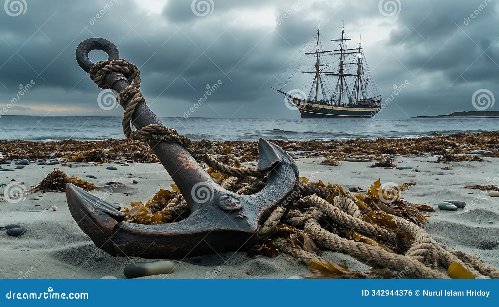 Rustic Anchor on Sandy Beach with Old Ship Anchored in the Background ...