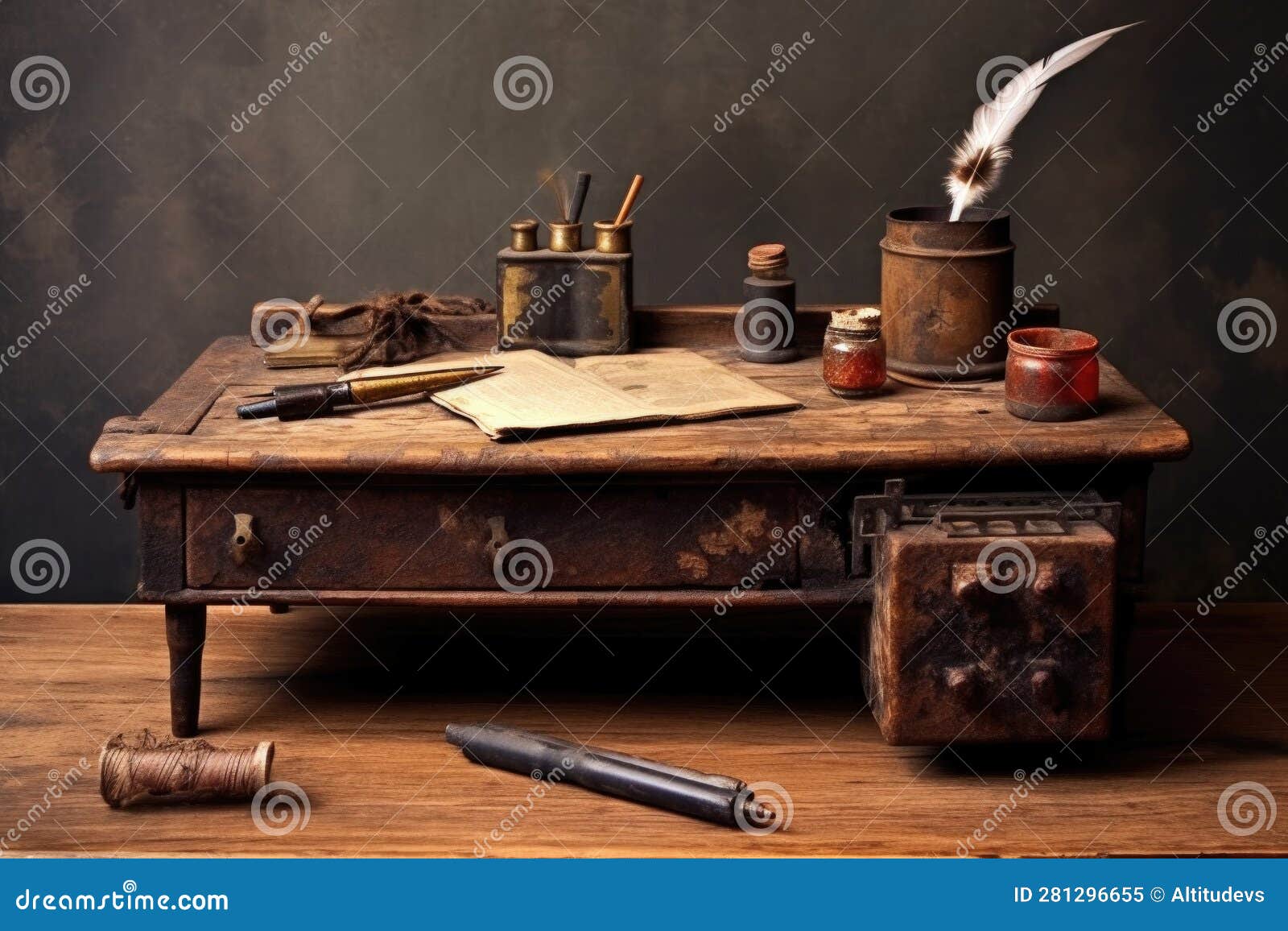Rustic Antique Writing Desk with Quill and Inkwell Stock Illustration ...