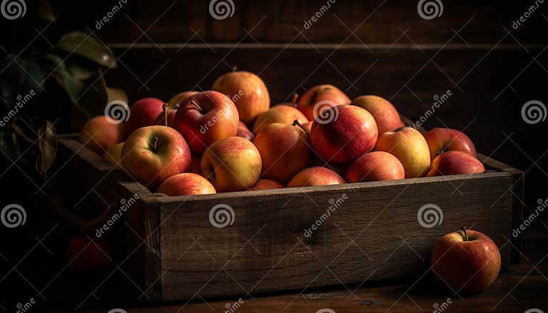 Rustic Apple Crate on Wooden Table with Fresh Organic Fruit Generated ...