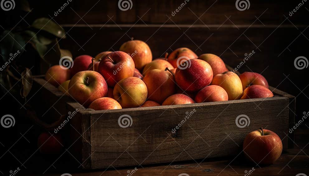 Rustic Apple Crate on Wooden Table with Fresh Organic Fruit Generated ...
