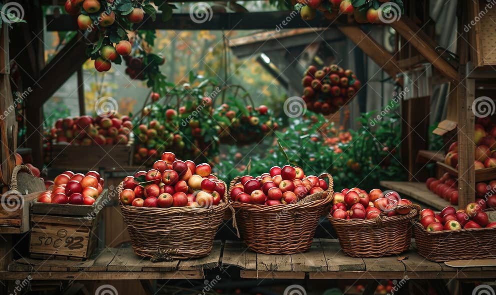 Rustic Apple Stand with Baskets of Apples for Sale Stock Image - Image ...