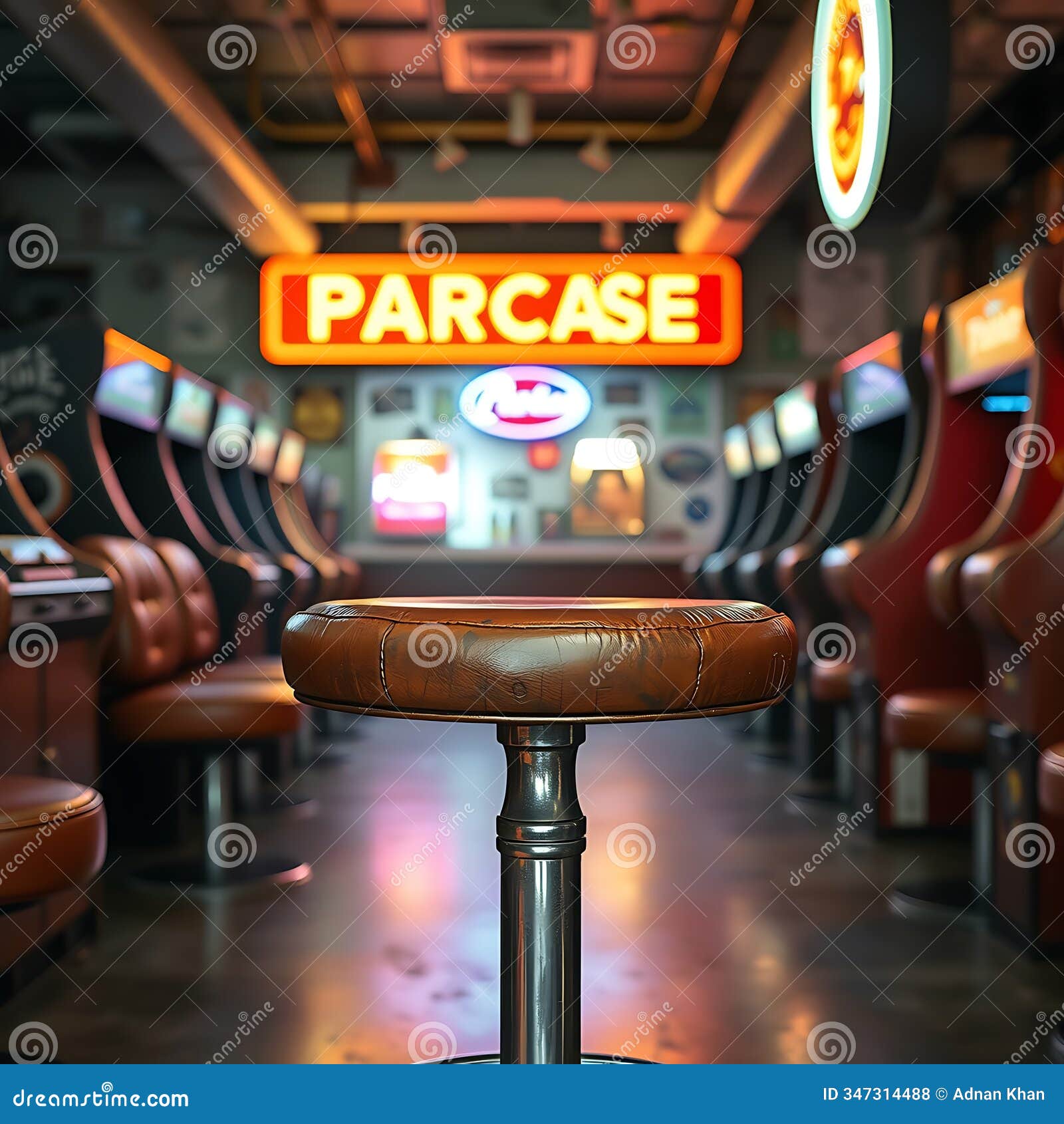 A Rustic Arcade Stool with Worn Leather Seating in an Old School Retro ...