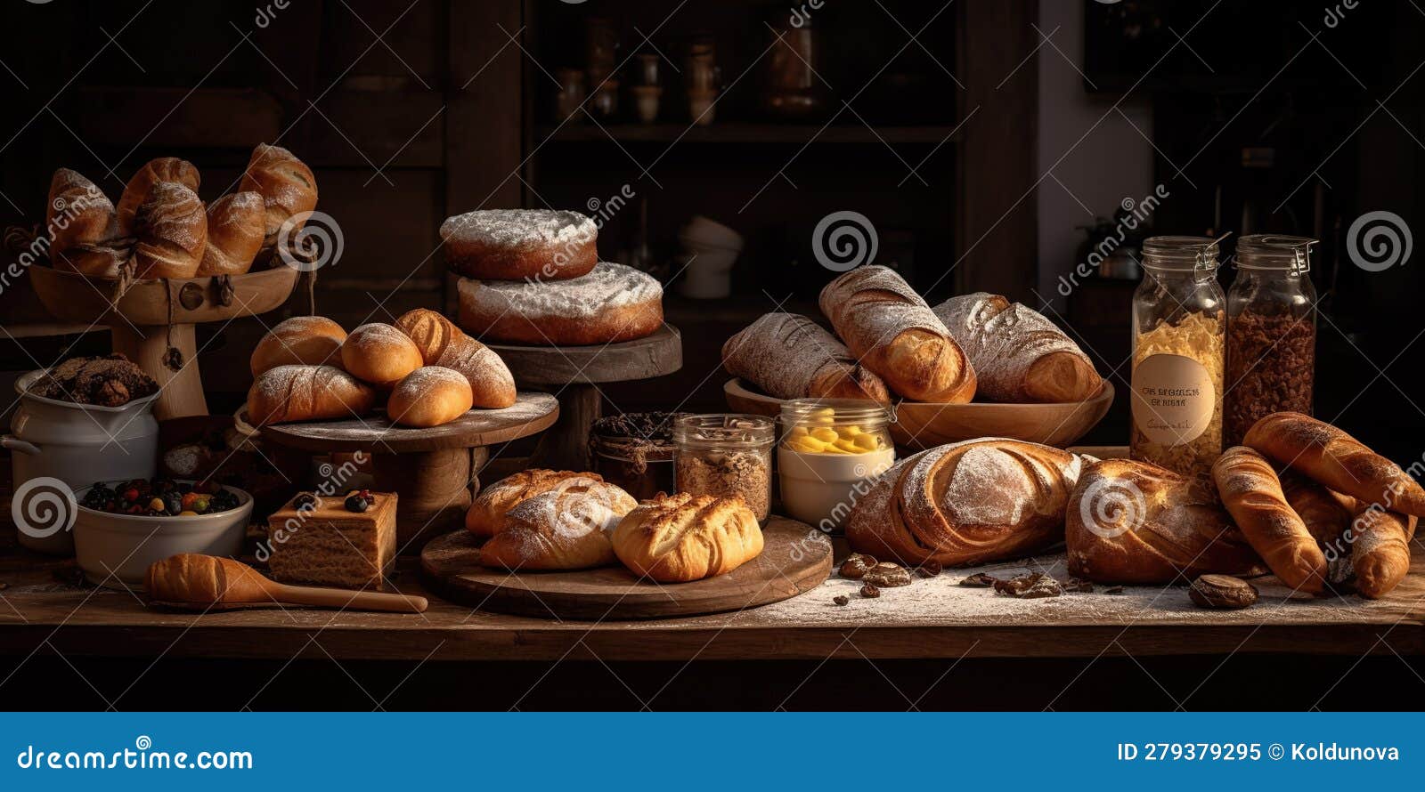 A Rustic, Artisanal Bakery Display, Featuring Freshly Baked Bread and ...