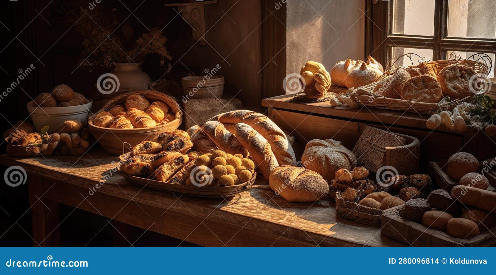 A Rustic, Artisanal Bakery Display, Featuring Freshly Baked Bread and ...
