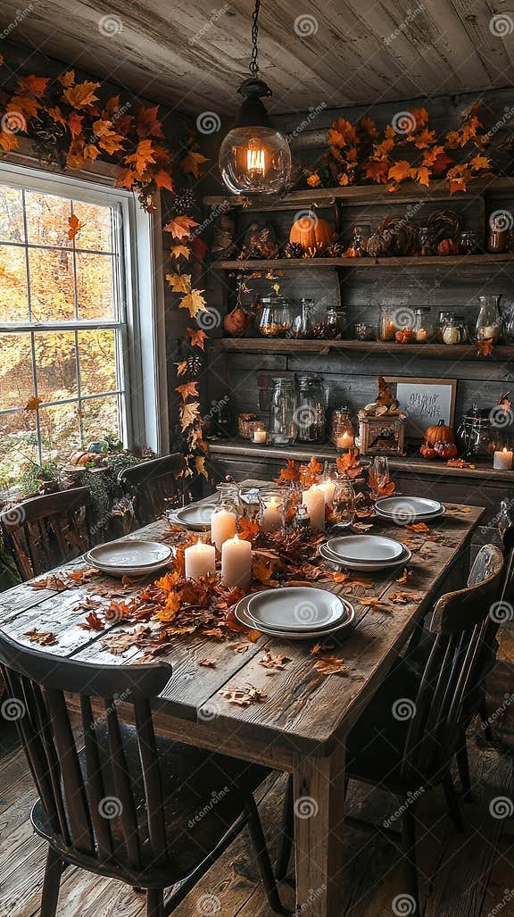 Rustic Autumn Dining Table Setting with Candles and Fall Leaves ...