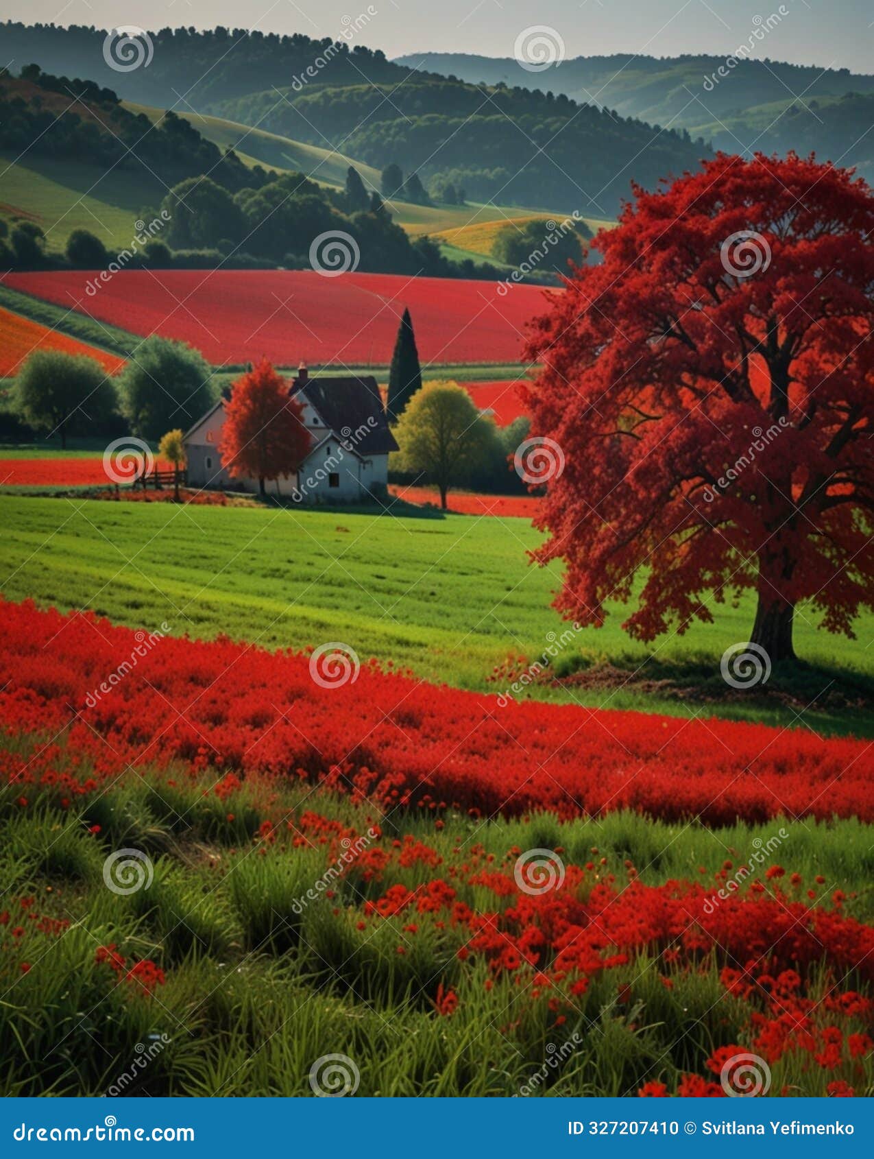 Rustic Autumn Landscape with Red Tree Stock Illustration - Illustration ...