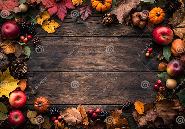 Rustic Autumn Wooden Background with Fall Elements Stock Illustration ...