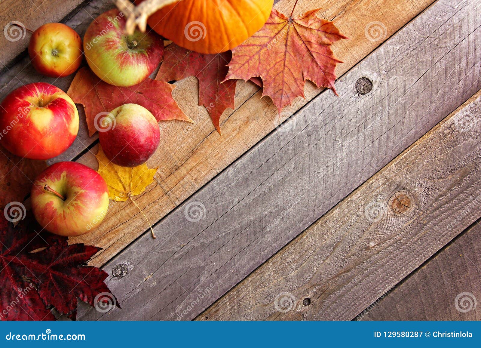 Rustic Autumn Wooden Background Framed by Apples and Fall Maple Stock ...