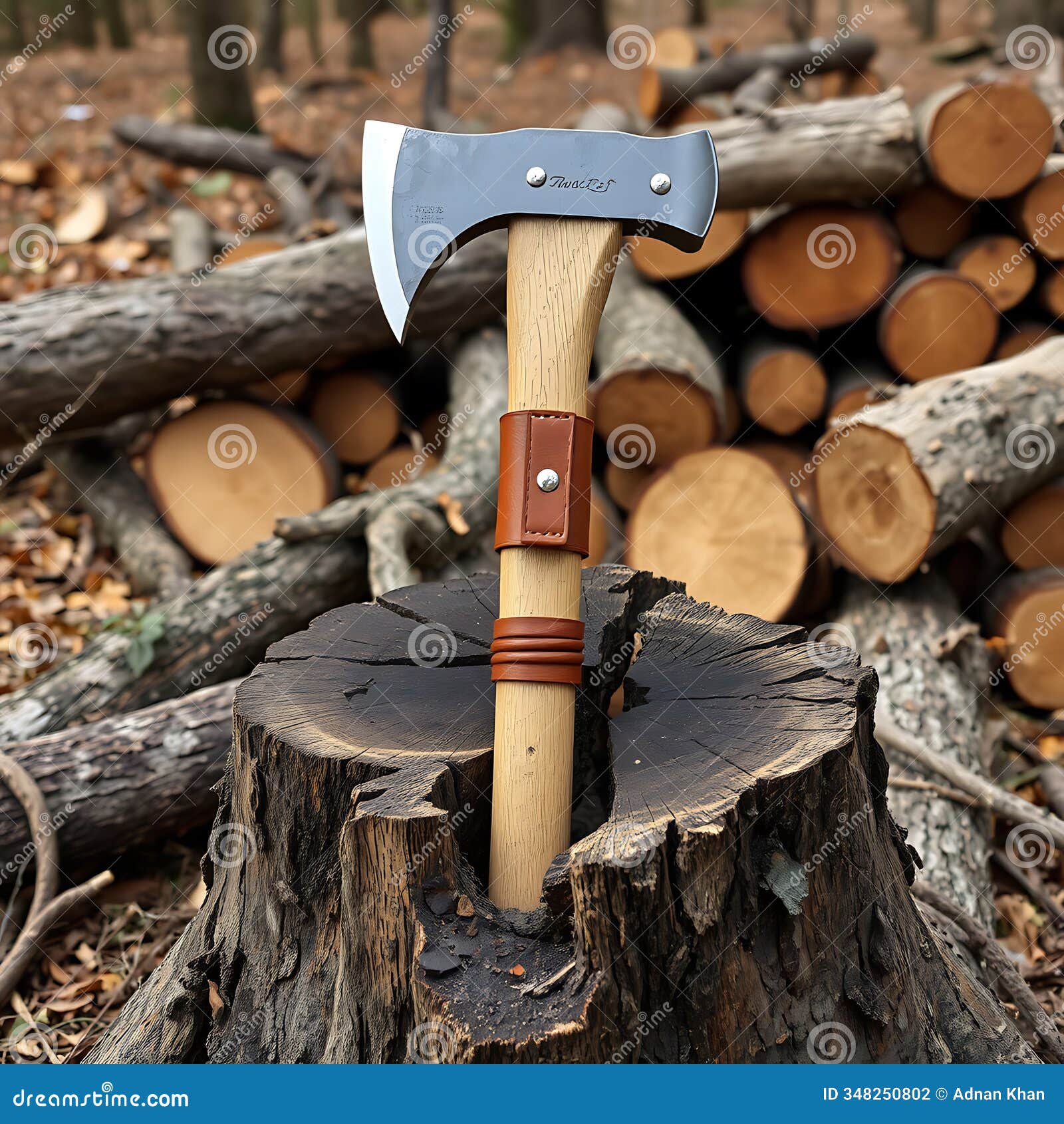 A Rustic Ax with a Leather Wrapped Handle Embedded in a Tree Stump ...