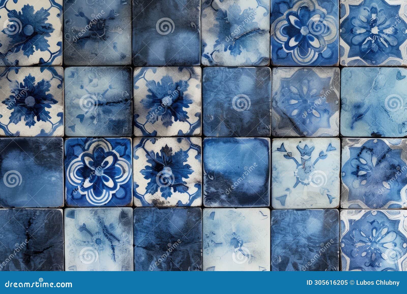 Rustic Background from Old Tiles with Blue Floral Pattern Stock ...
