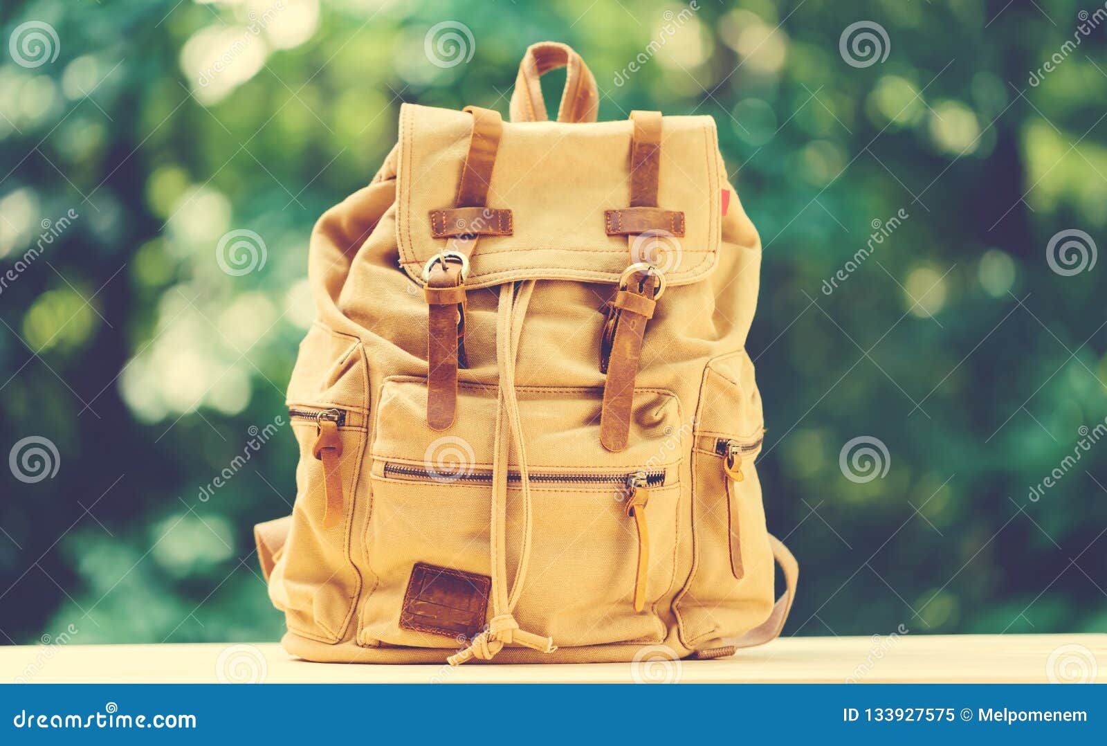 A rustic backpack stock image. Image of hiking, board - 133927575