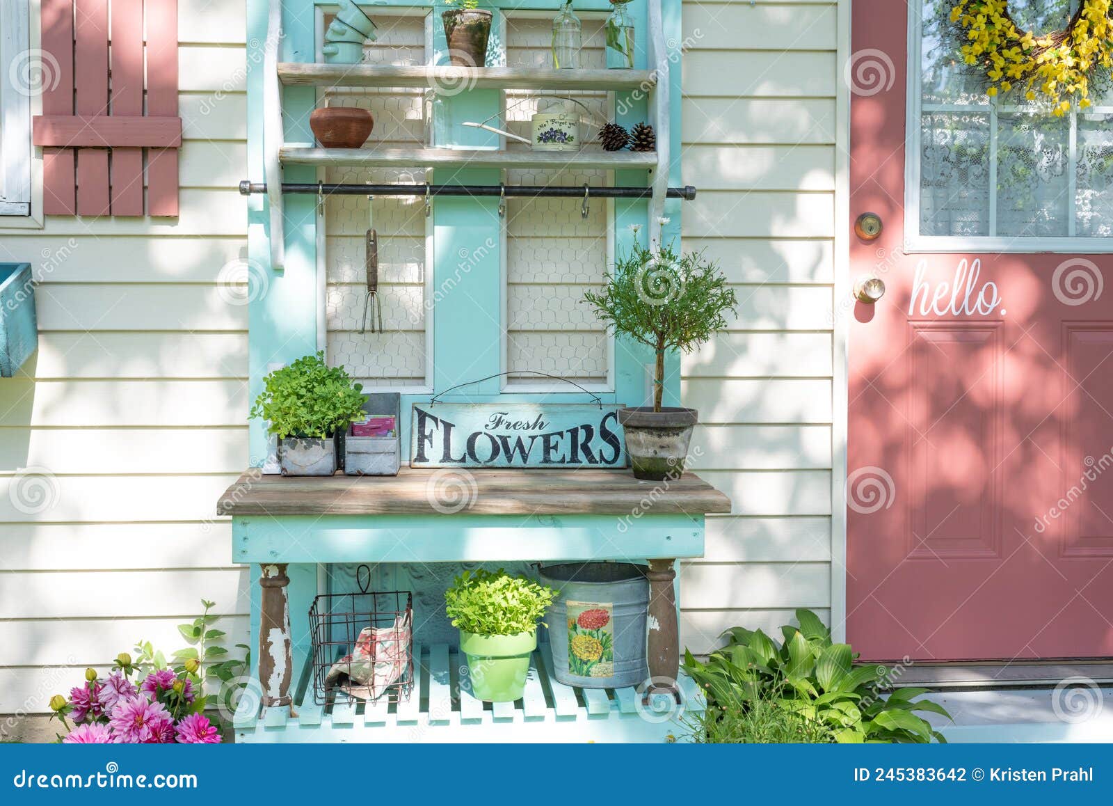 Rustic Backyard Potting Bench with Garden Decor Stock Photo - Image of ...