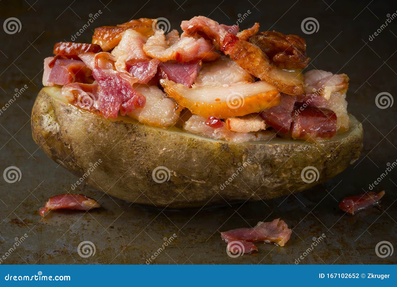 Rustic Baked Jacket Potato with Bacon Stock Photo - Image of starch ...