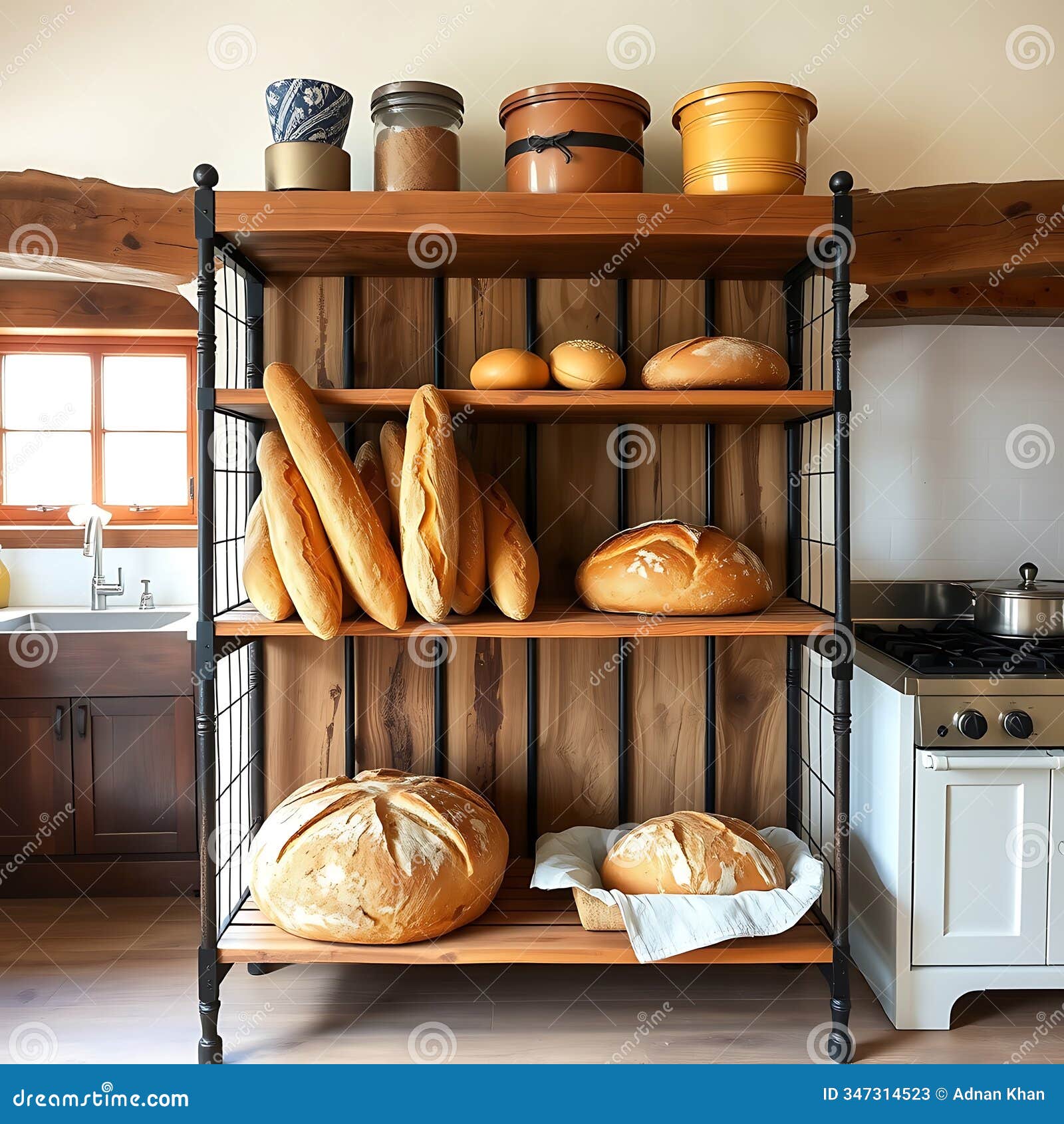 A Rustic Bakers Rack in a Barn Style Kitchen with Freshly Baked ...