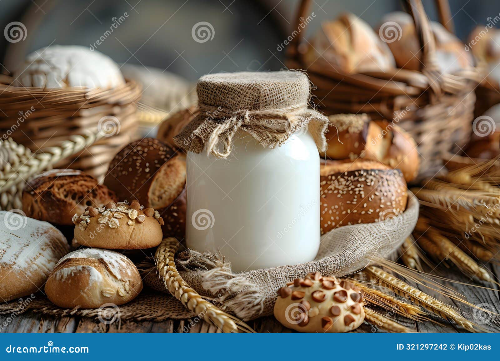 Rustic Bakery Display with Fresh Breads, Milk Bottle, and Wheat for ...