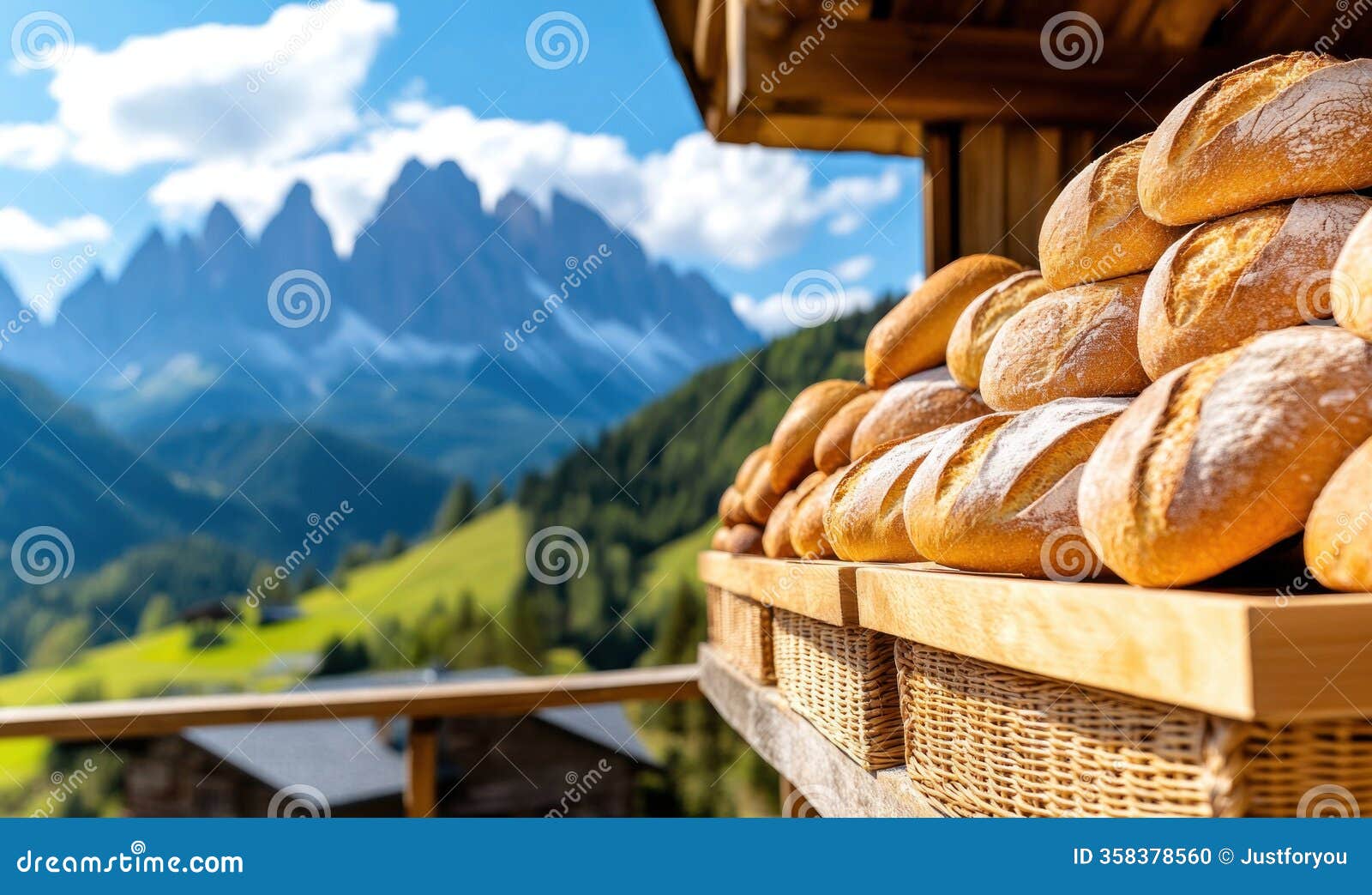 Rustic Bakery Interior Boasting Fresh Breads And Pastries On Wooden ...