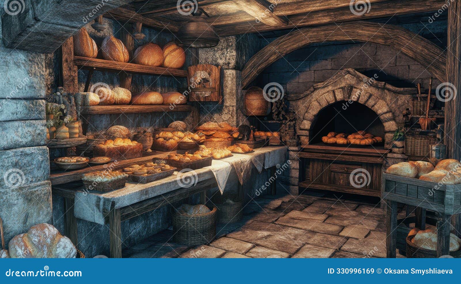 Rustic Bakery Interior with Artisanal Breads and Stone Oven Stock Image ...