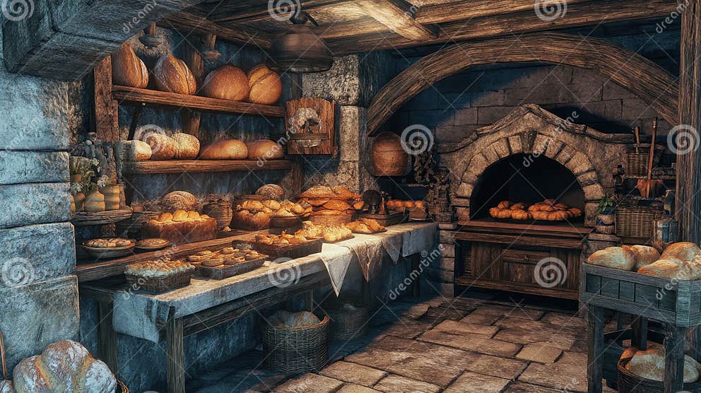 Rustic Bakery Interior with Artisanal Breads and Stone Oven Stock Image ...