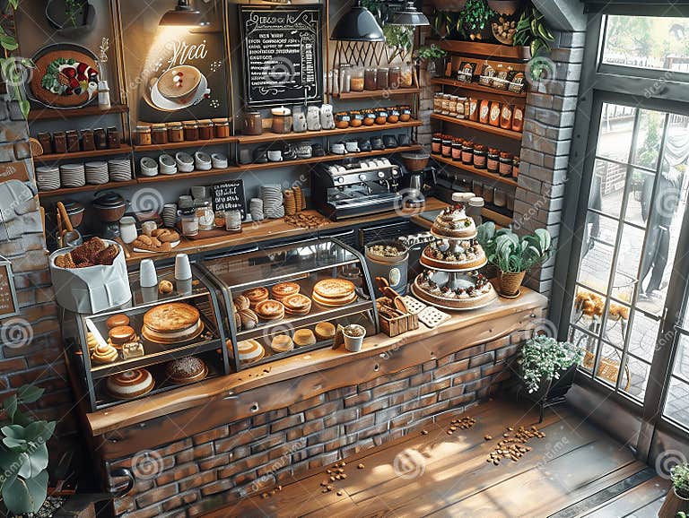 Rustic Bakery Interior with Display Case and Pastries Stock Image ...