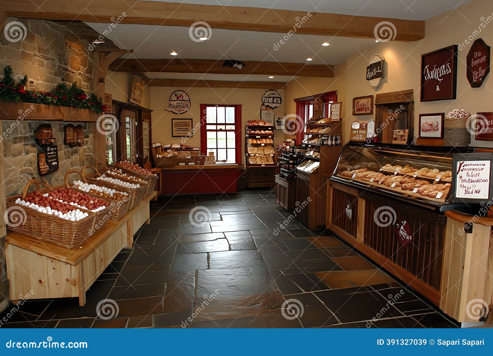 Rustic Bakery Interior Boasting Fresh Breads And Pastries On Wooden ...