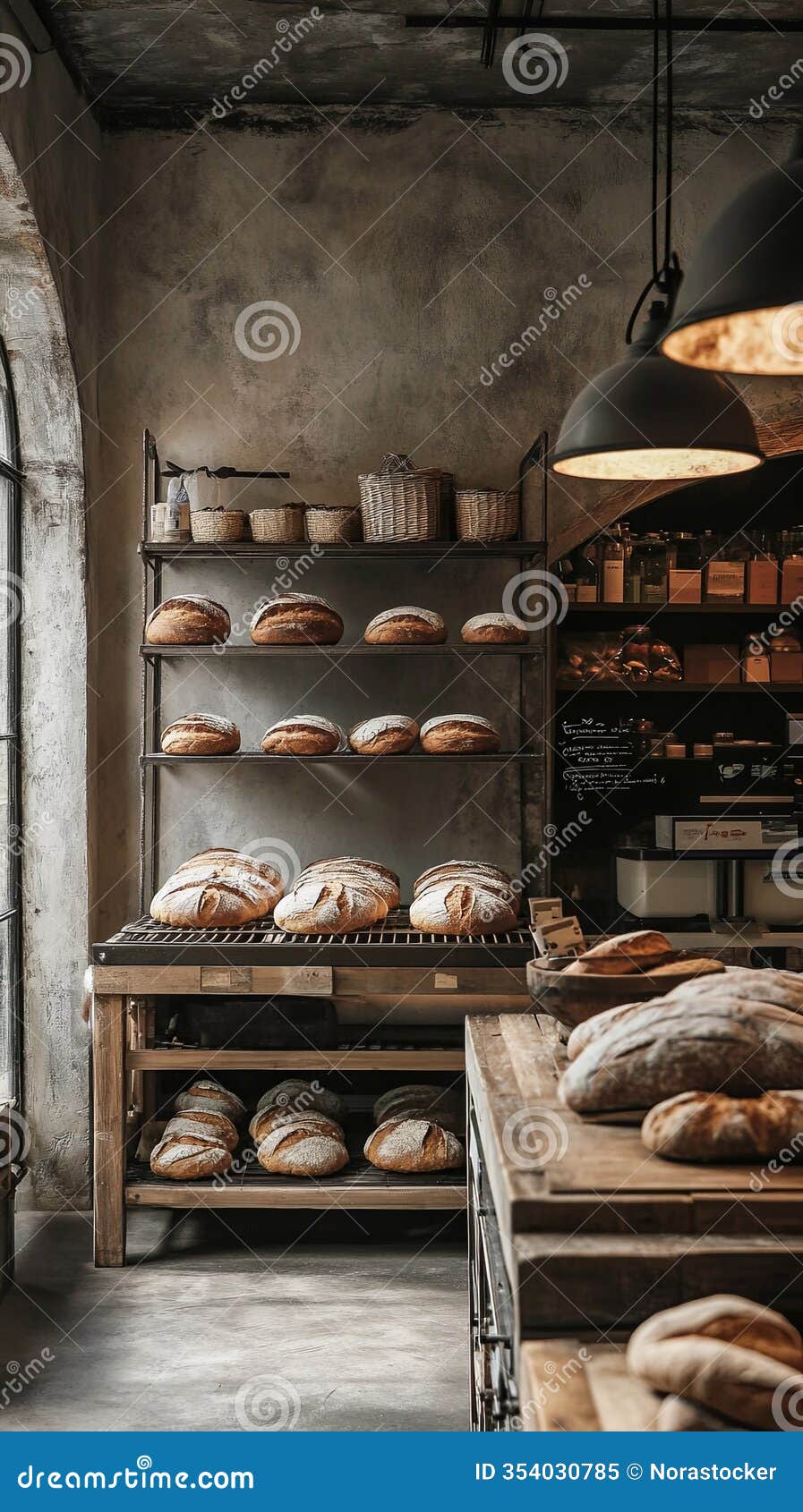 A Rustic Bakery with Loaves of Bread Cooling on Wooden Racks Stock ...
