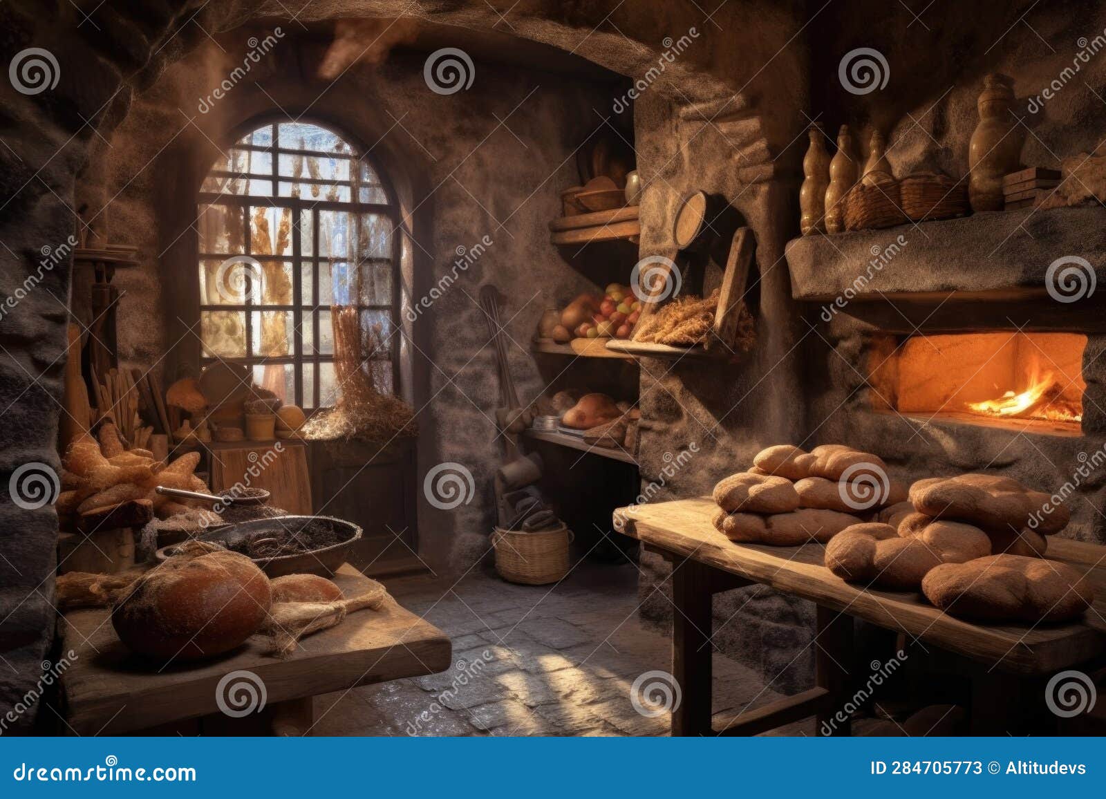 Rustic Bakery Setting with a Stone Oven and Bread Stock Illustration ...