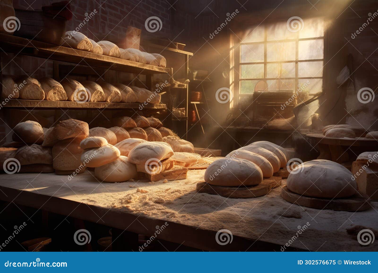 Rustic Bakery in Soft Light with Loaves of Organic Bread. AI-generated ...
